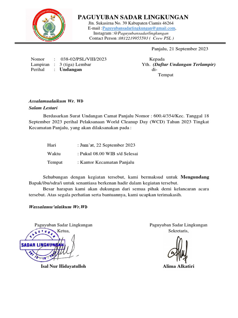 Undangan World Cleanup Day 2023 Tingkat Kecamatan Panjalu | PDF