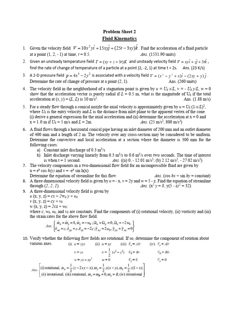 Sheet 02 20-21 Kinematics of Fluid | PDF | Acceleration | Velocity