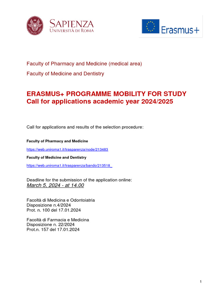 Erasmus+ Call For Study A.A. 2024-2025 Faculties of Pharmacy and ...