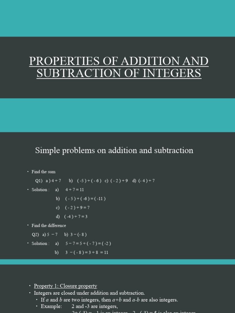 Properties of Addition and Subtraction of Integers | PDF | Integer ...