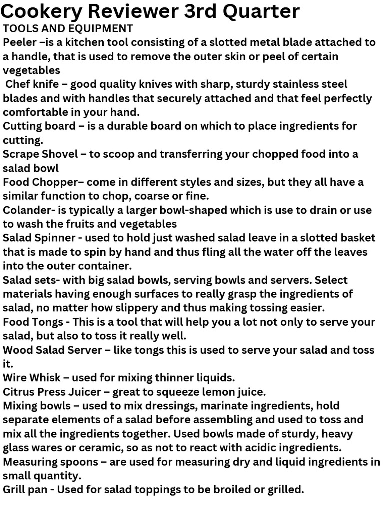 Grade 9 Cookery Reviewer 3rd Quarter PDF | PDF | Salad | Mayonnaise