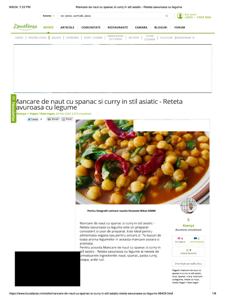 Mancare de Naut Cu Spanac Si Curry in Stil Asiatic - Reteta Savuroasa ...