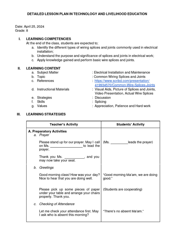 Detailed Lesson Plan in Technology and Livelihood Education | PDF ...