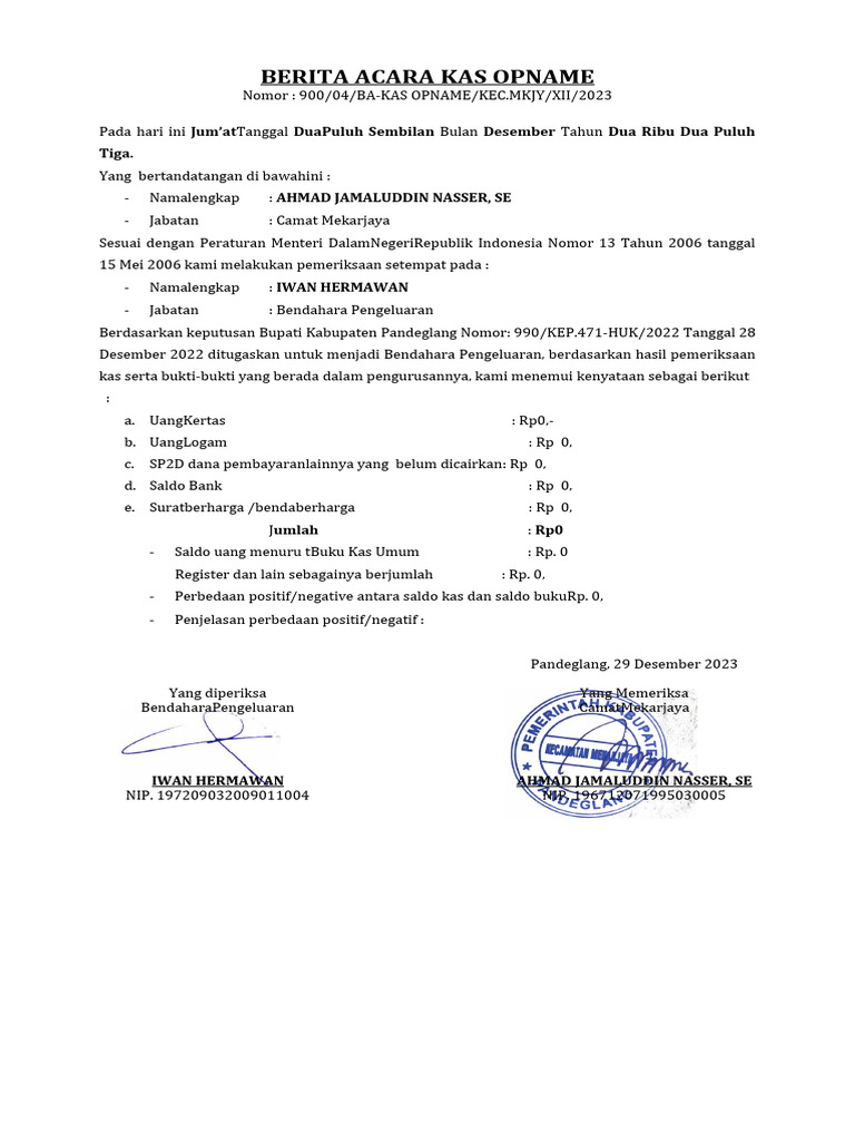 Berita Acara Kas Opname 2023 | PDF