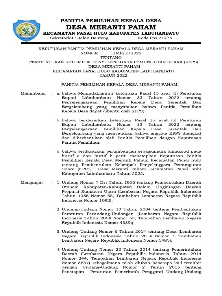 SK PANITIA PEMBENTUKAN KPPS | PDF