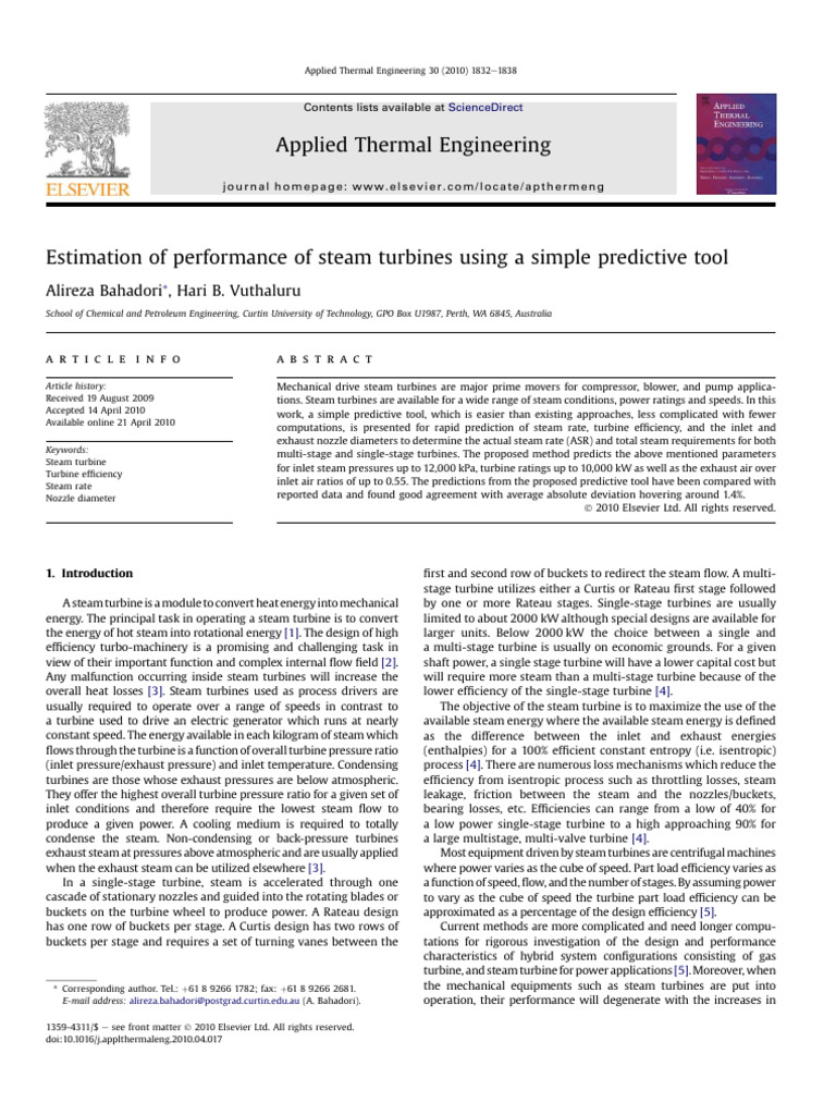 Estimation of Performance of Steam Turbi | PDF | Turbine | Mechanical Engineering