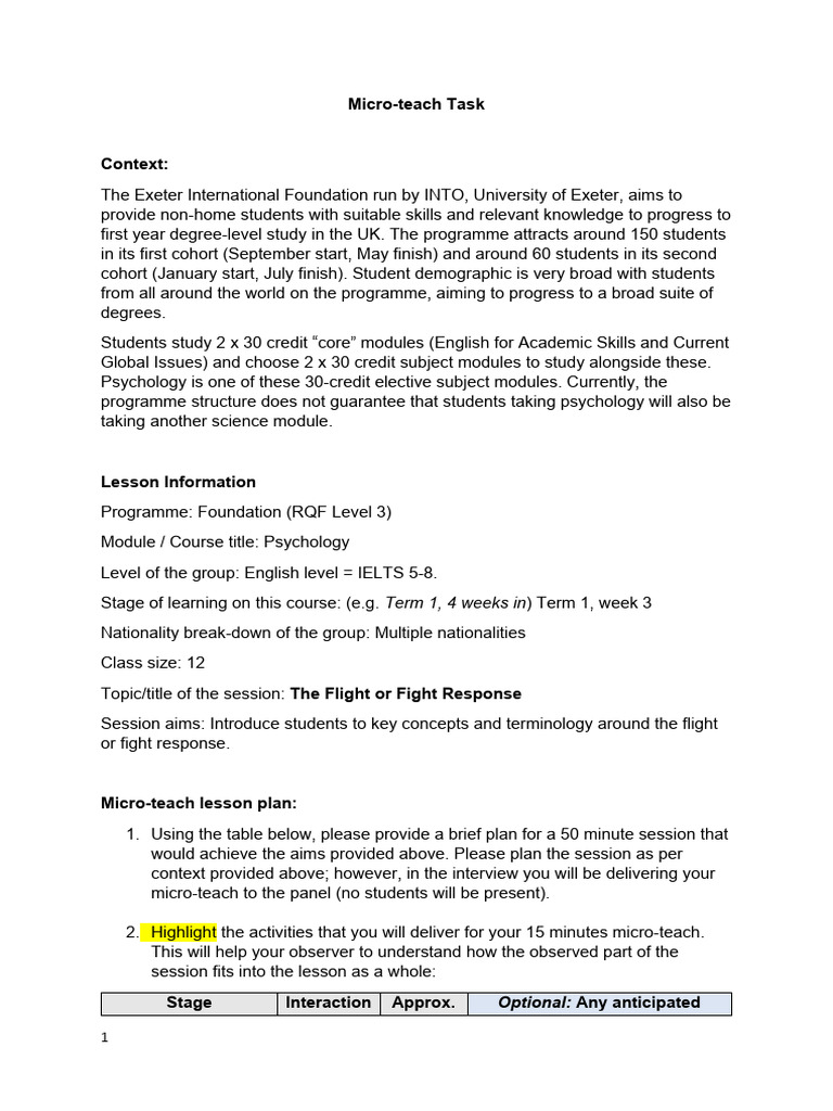 Micro-Teach Plan: Flight or Fight Response | PDF | Lesson Plan | Cognitive Science