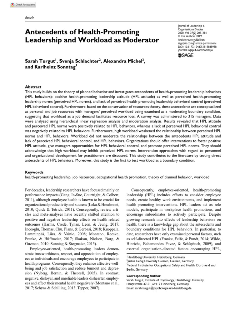 Turgut Et Al 2019 Antecedents of Health Promoting Leadership and ...