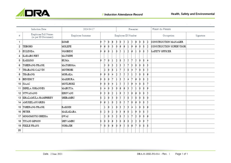 Mcid-Dra - Induction Atendence | PDF
