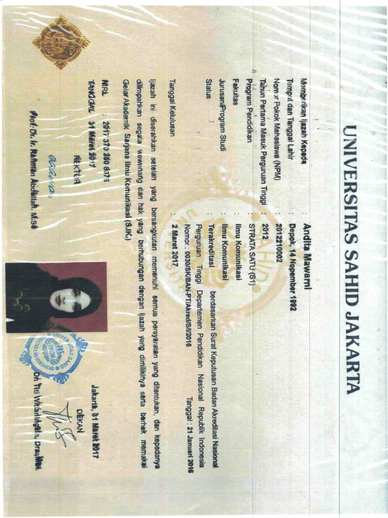 Ijazah S1 Ilmu Komunikasi Andita Mawarni. | PDF