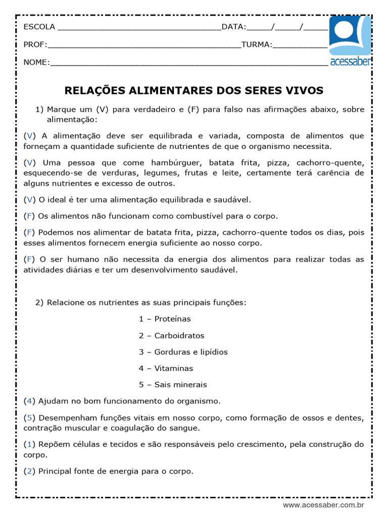 Atividade de Ciencias Relacoes Alimentares Dos Seres Vivos 4 Ano Respostas | PDF | Alimentos ...