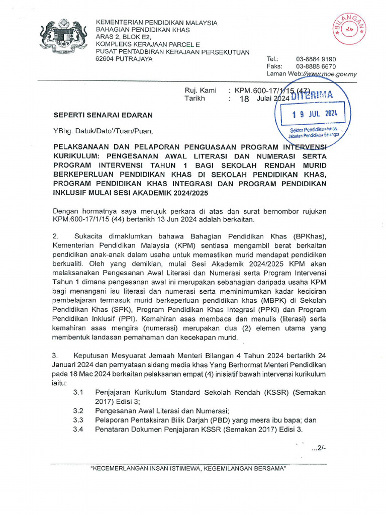 SURAT RUJUKAN PELAKSANAAN DAN PELAPORAN PENGUASAAN PROGRAM INTERVENSI ...