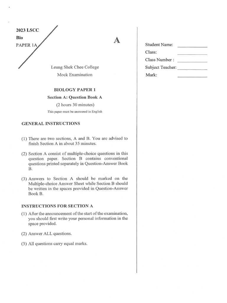 Biology Paper 1A and 1B | PDF