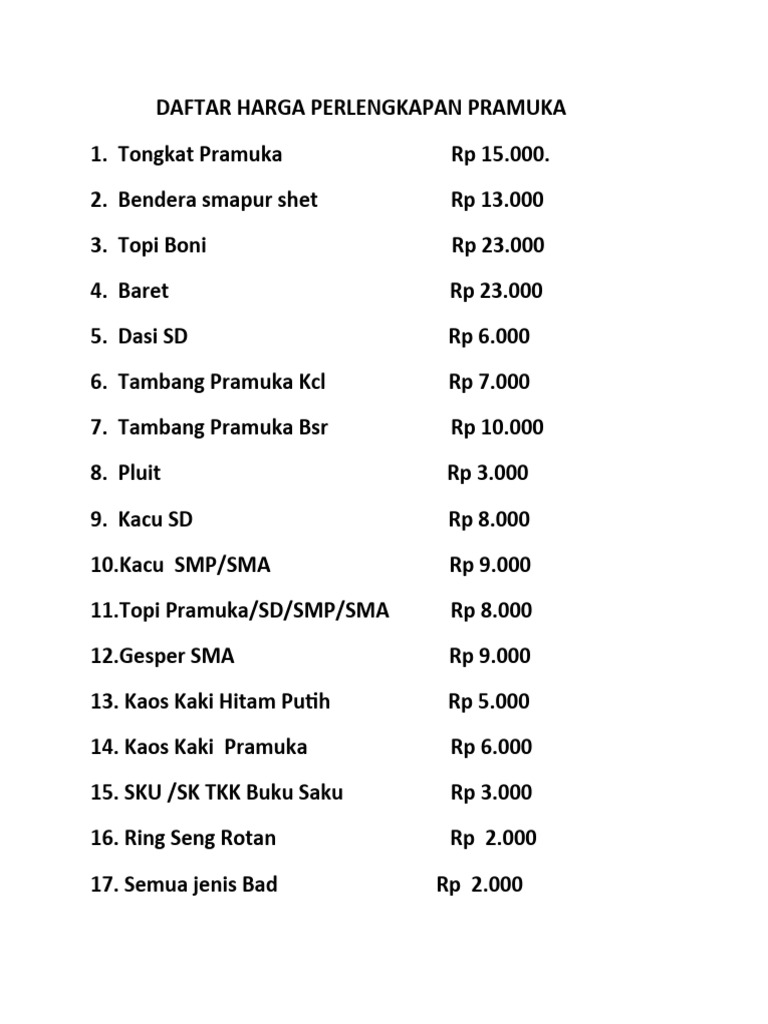 Daftar Harga Perlengkapan Pramuka | PDF | Memasak, Makanan, & Anggur