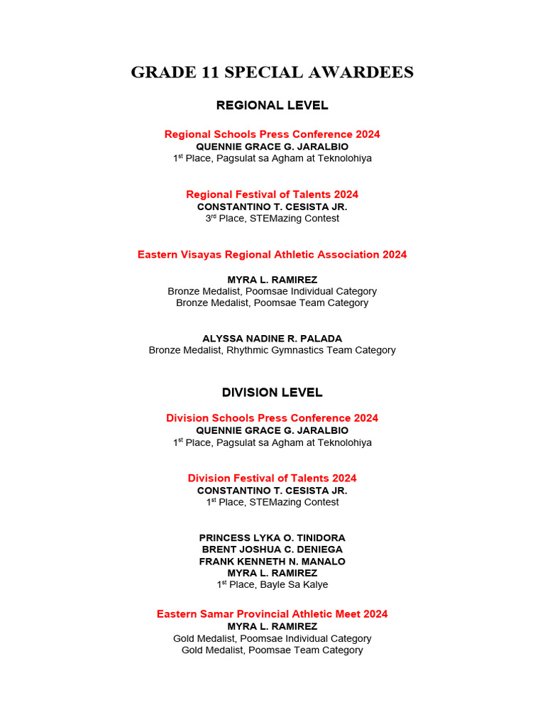 Grade 11 Special Awardees | PDF | Indoor Sports