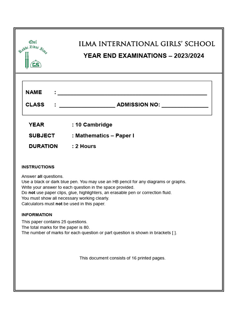 10C Mathematics May 2024 Paper 1 | PDF | Triangle | Elementary Geometry