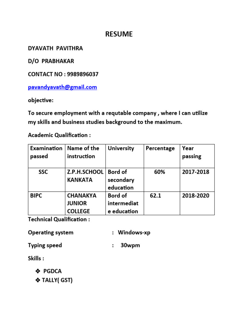 Resume of Dyavath Pavithra | PDF