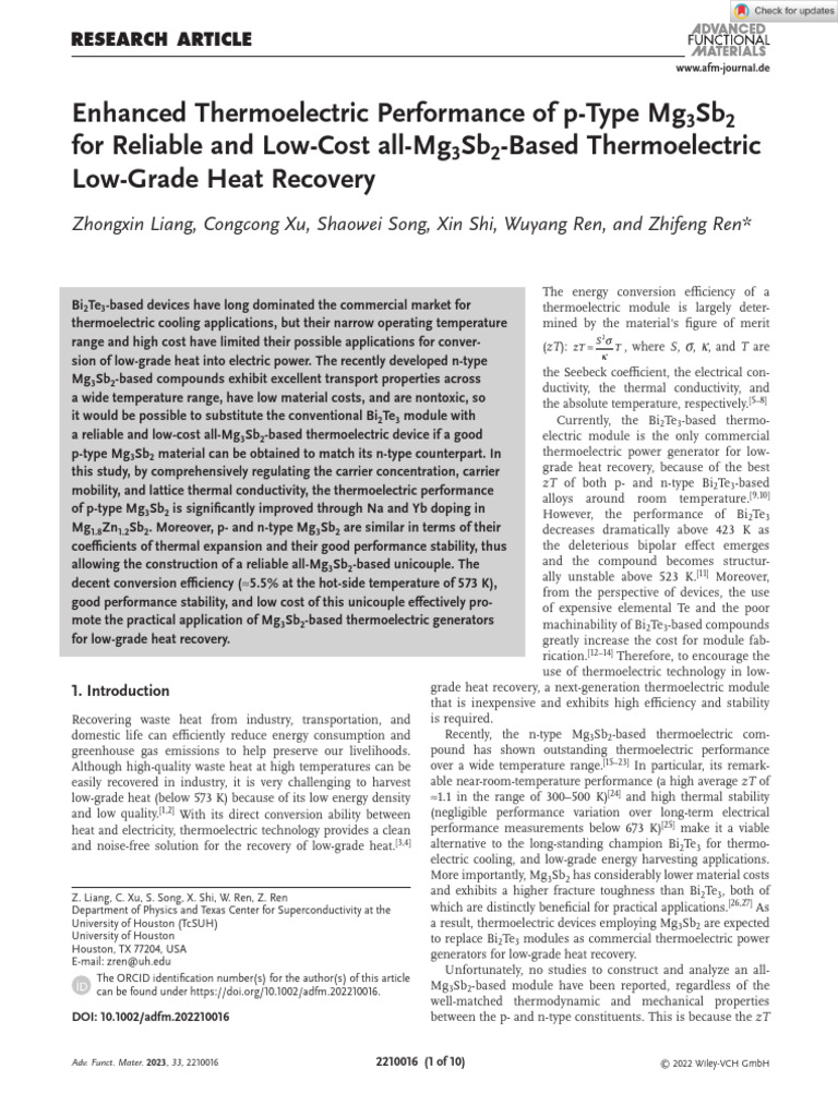 Adv Funct Materials - 2022 - Liang - Enhanced Thermoelectric ...