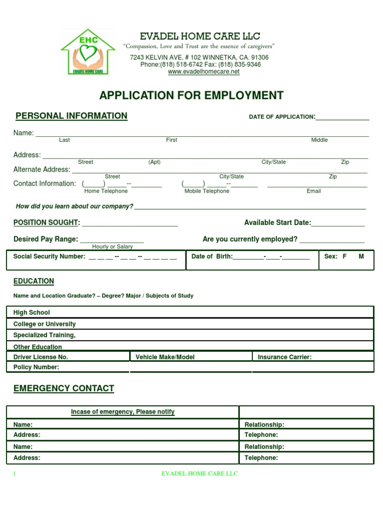Application For Employment: Evadel Home Care LLC | PDF | Home Care ...