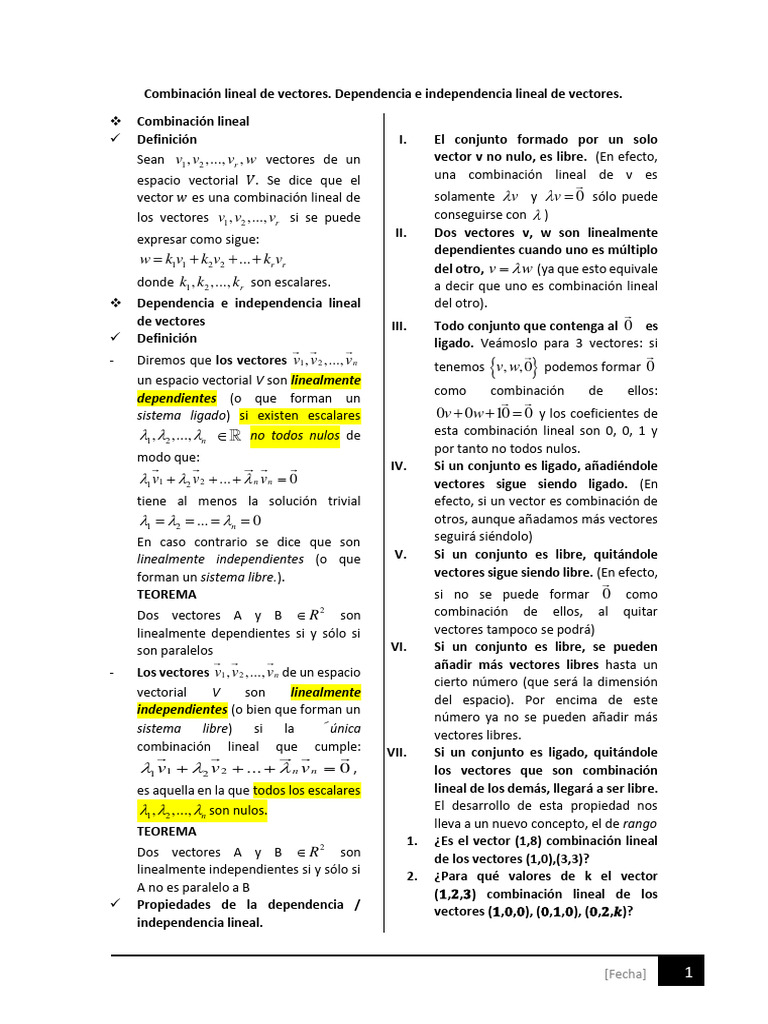CONCEPTUAL-Combinación Lineal de Vectores | PDF | Espacio vectorial | Álgebra lineal