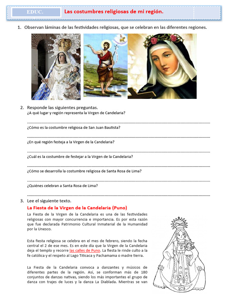 D2 A2 FICHA REL. Conocemos Las Costumbres Religiosas de Mi Región. | PDF | Perú