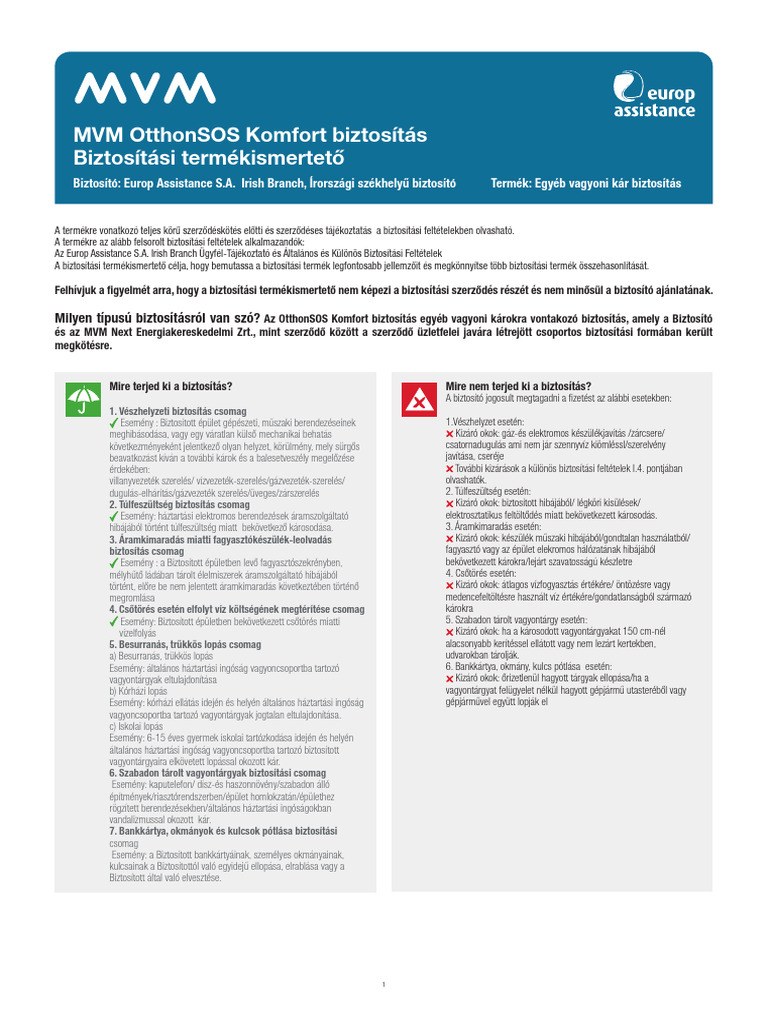 MVM Otthonsos Komfort Biztosítás Biztosítási Termékismertető | PDF