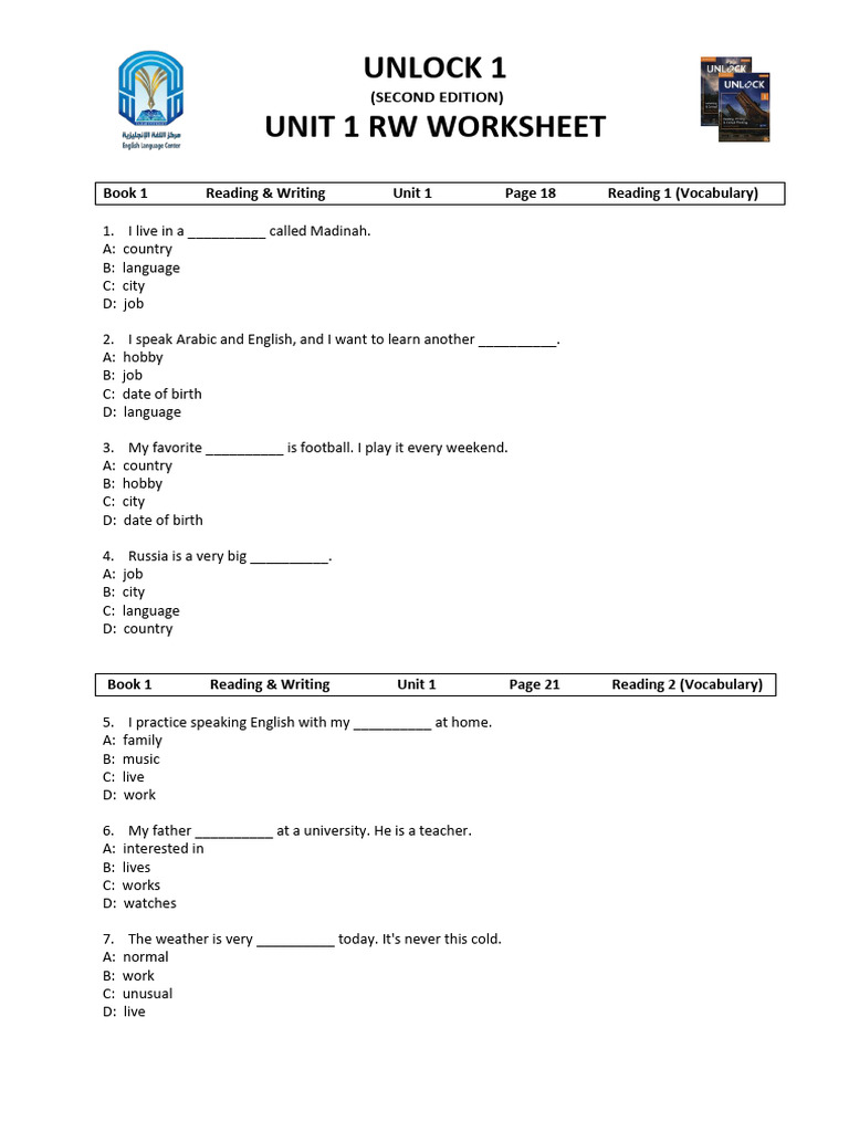 Unlock Worksheet B1 U1 R&W | PDF | Language Acquisition | Psycholinguistics