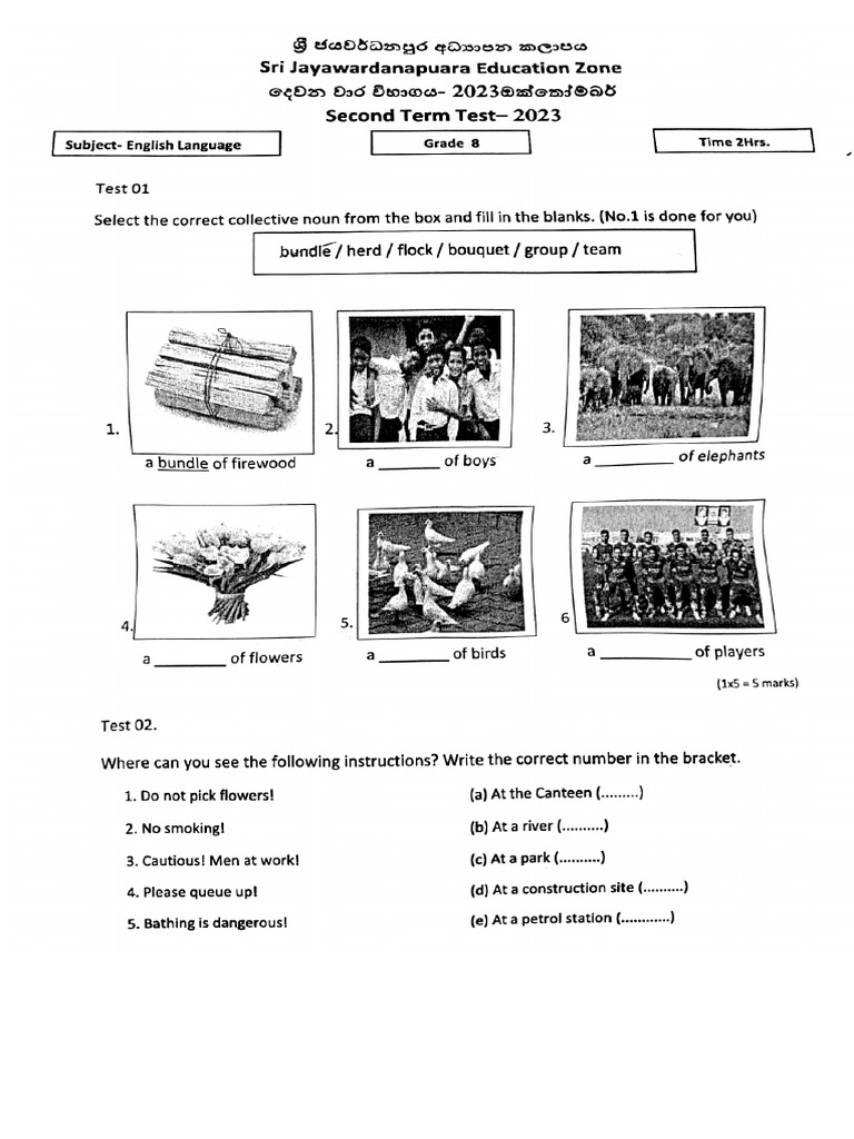English Grade 8 Second Term Test 2023 Sri Jayardanapura Zone | PDF