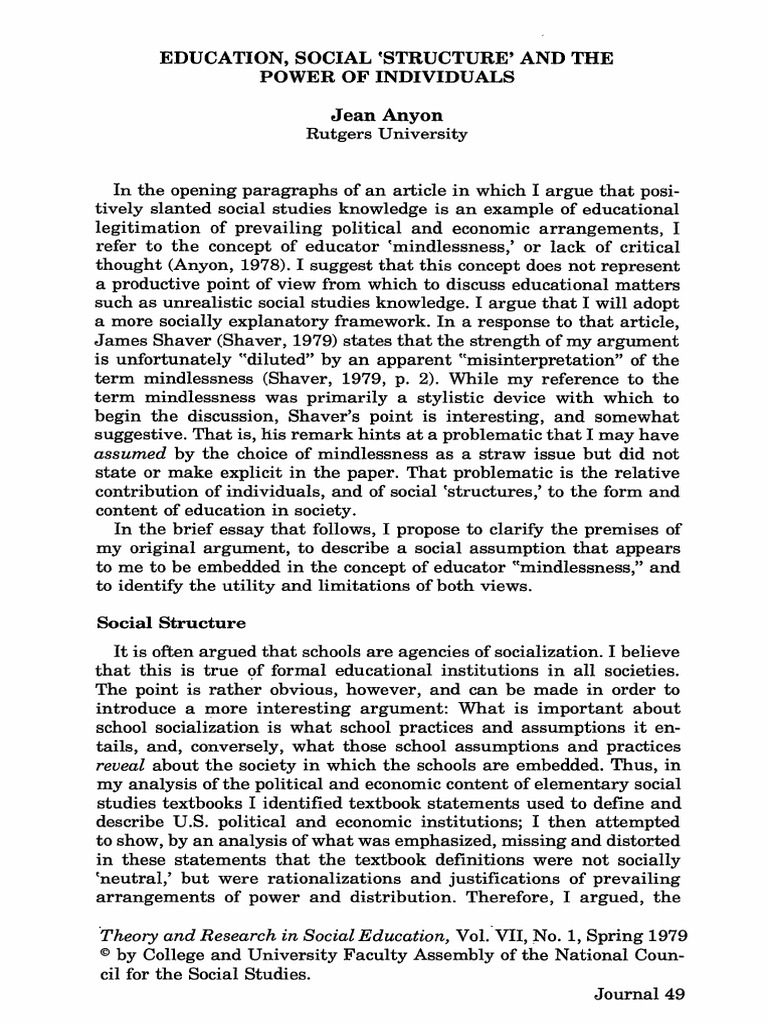 Anyon - 1979 - Education, Social Structure'and The Power of Indi | PDF | Ideologies | Knowledge