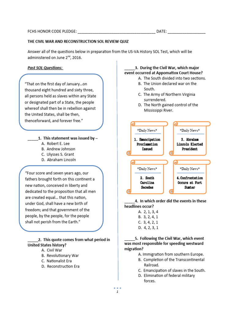 Civil War and Reconstruction SOL Review Quiz | PDF | American Civil War | Abraham Lincoln
