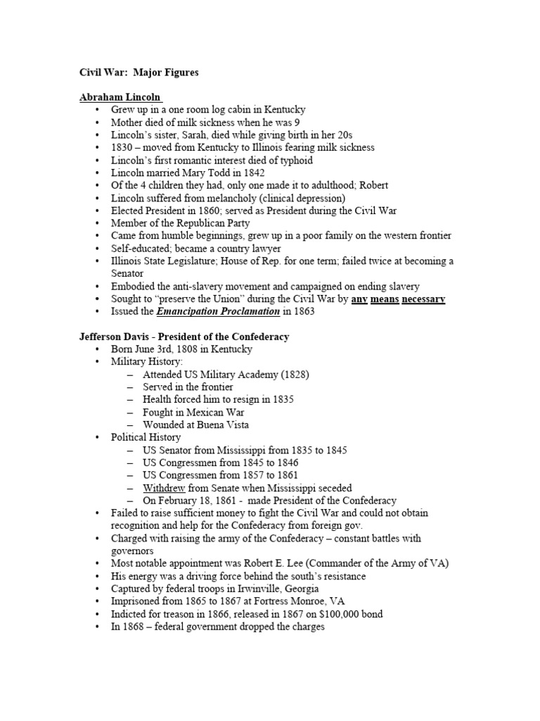 Civil War Major Figures Notes | PDF | American Civil War | Abraham Lincoln