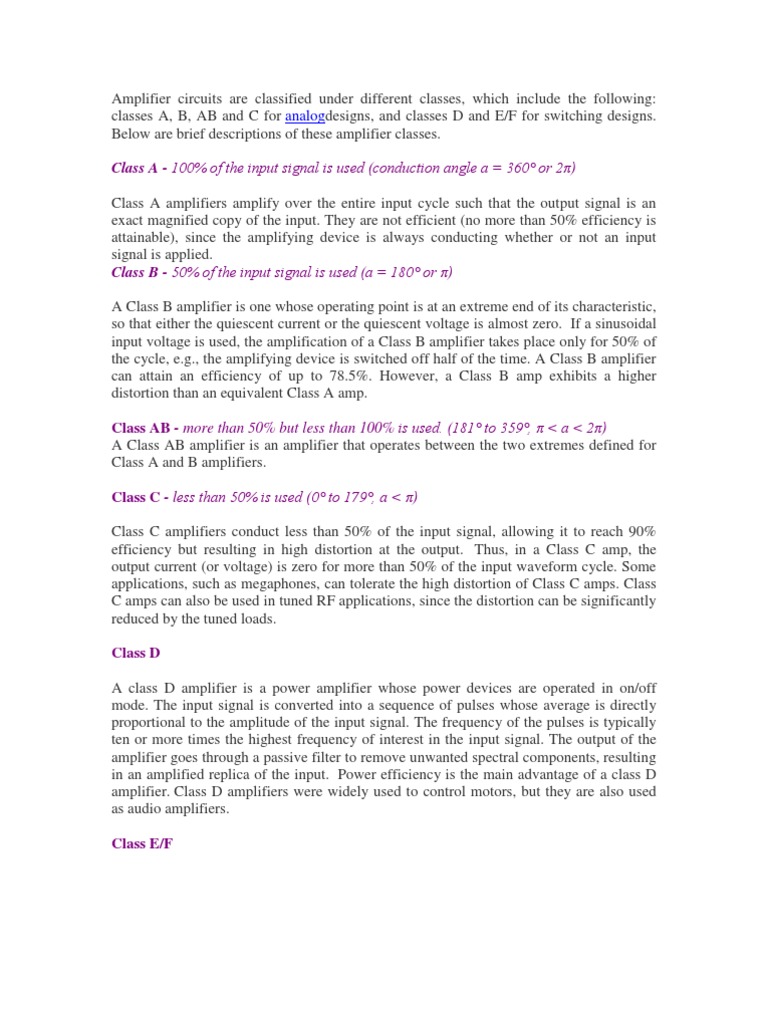 Amplifier Circuits Are Classified Under Different Classes | PDF ...