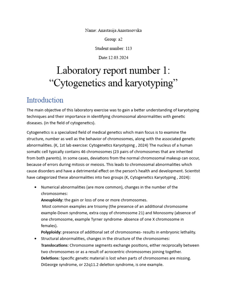 Cytogenetics Lab Report | PDF | Karyotype | Cytogenetics