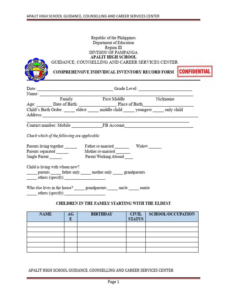Comprehensive Individual Inventory Record Form 2024 | PDF | Behavioural ...