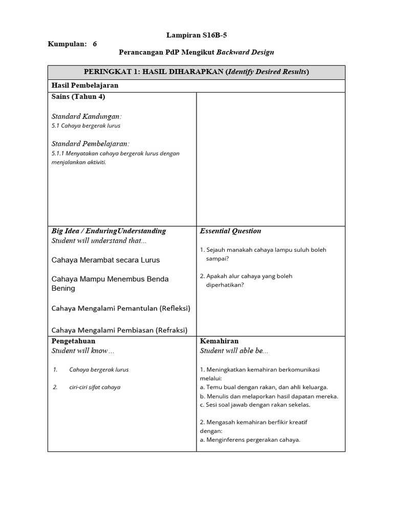 Kumpulan 6 - RPH Backward Design | PDF