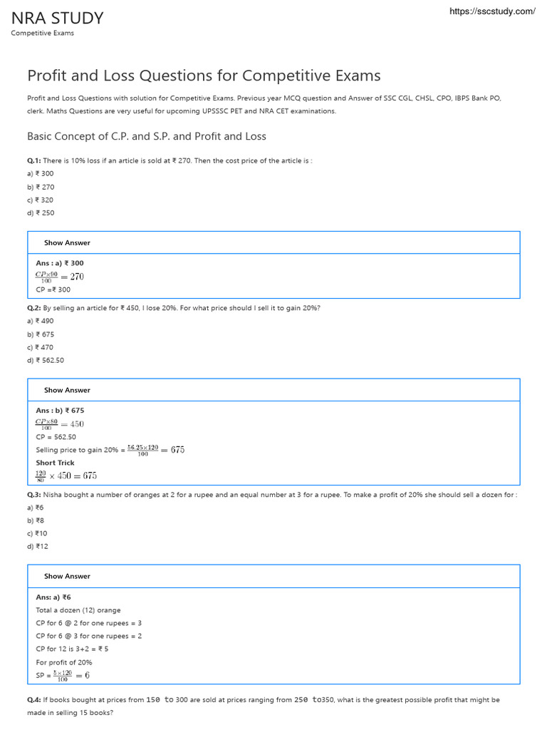 Profit and Loss Questions For Competitive Exams | PDF | Profit ...