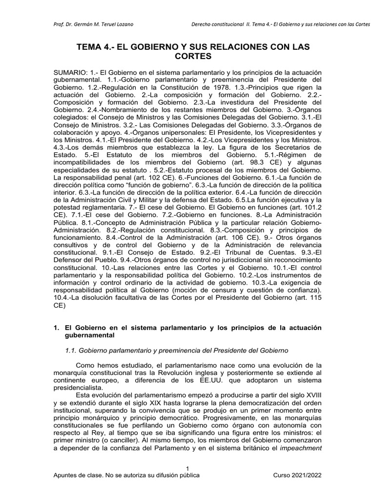TEMA 4-EL GOBIERNO | PDF | Gobierno de españa | Jefes de estado