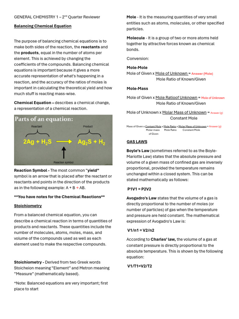 Grade 12 Chemistry 2nd Quarter Review | PDF | Mole (Unit) | Chemistry