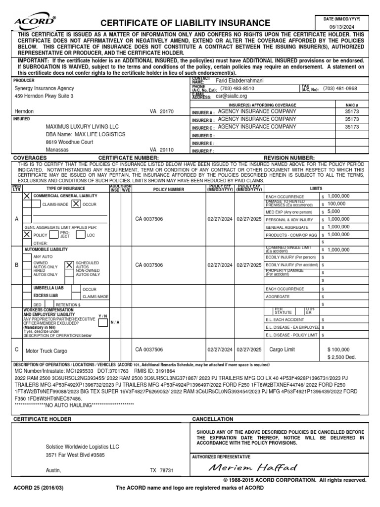 Example of A Certificate of Insurance | PDF | Insurance | Legal Concepts