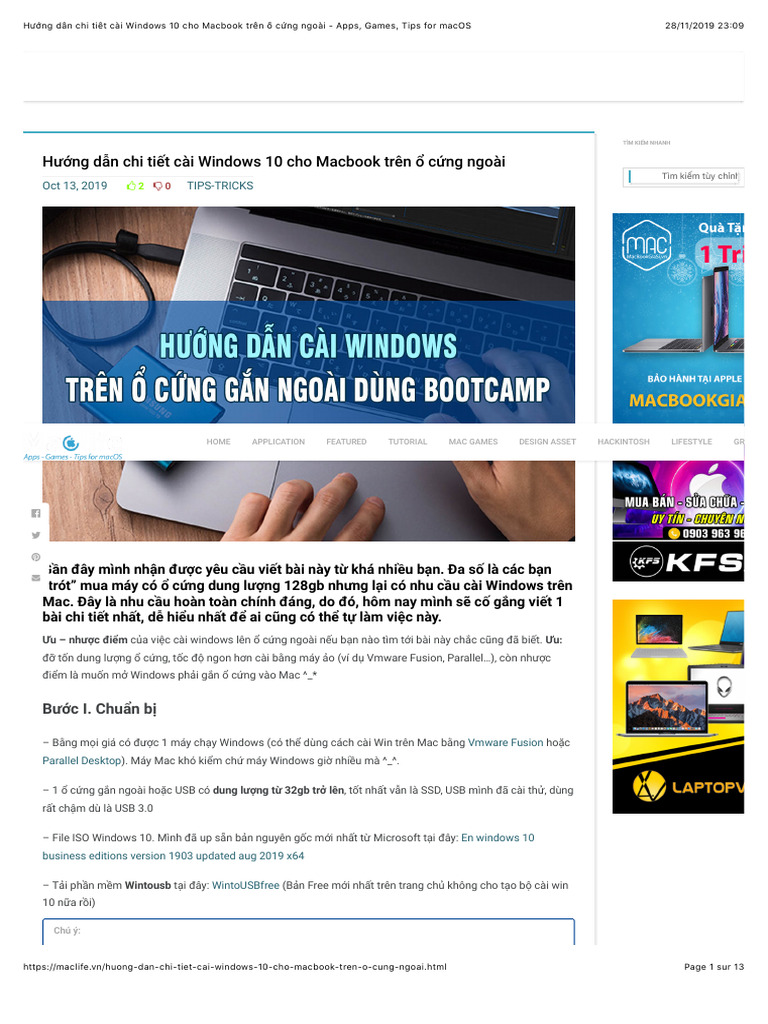 Hướng dẫn chi tiết cài Windows 10 cho Macbook trên ổ cứng ngoài - Apps, Games, Tips for macOS | PDF
