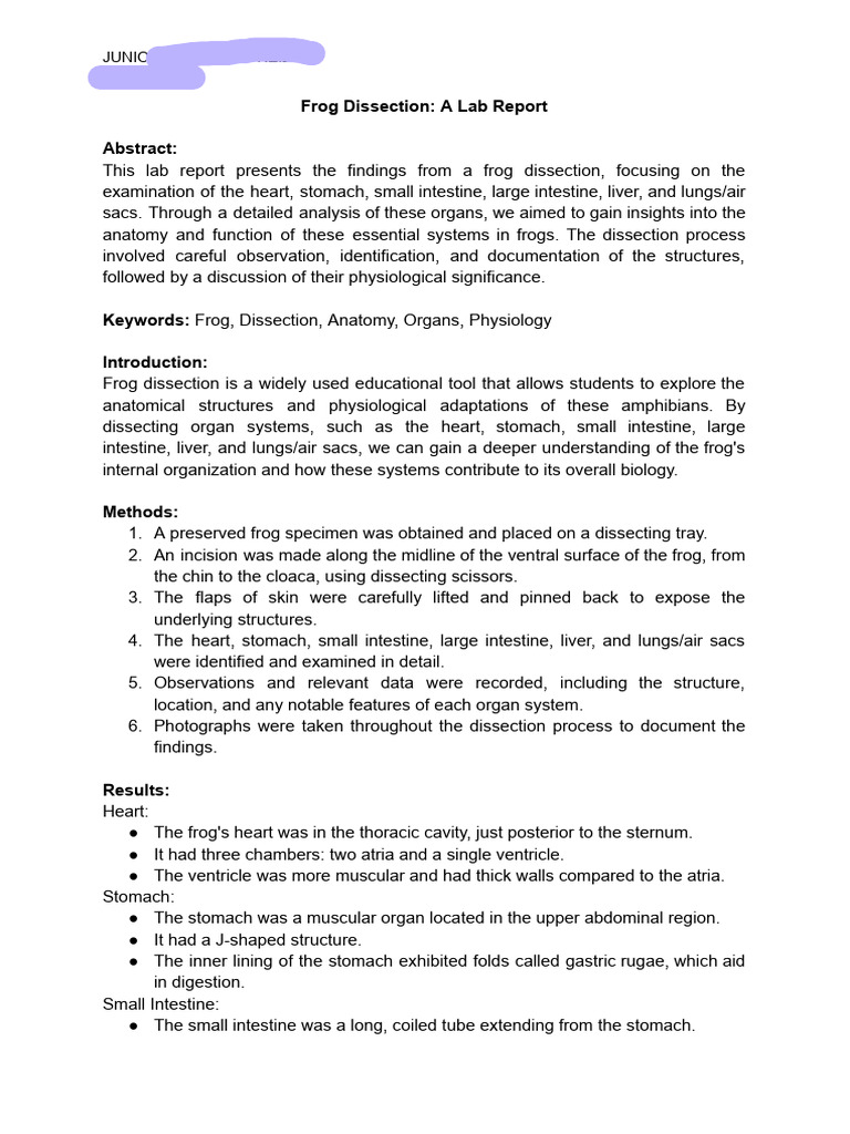 Frog Dissection Lab Report | PDF | Small Intestine | Skeletal Muscle