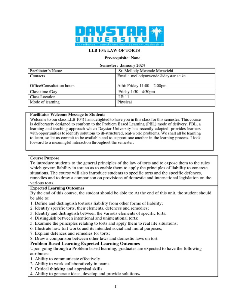 LLB 104: Law of Torts Course Overview | PDF | Tort | Negligence