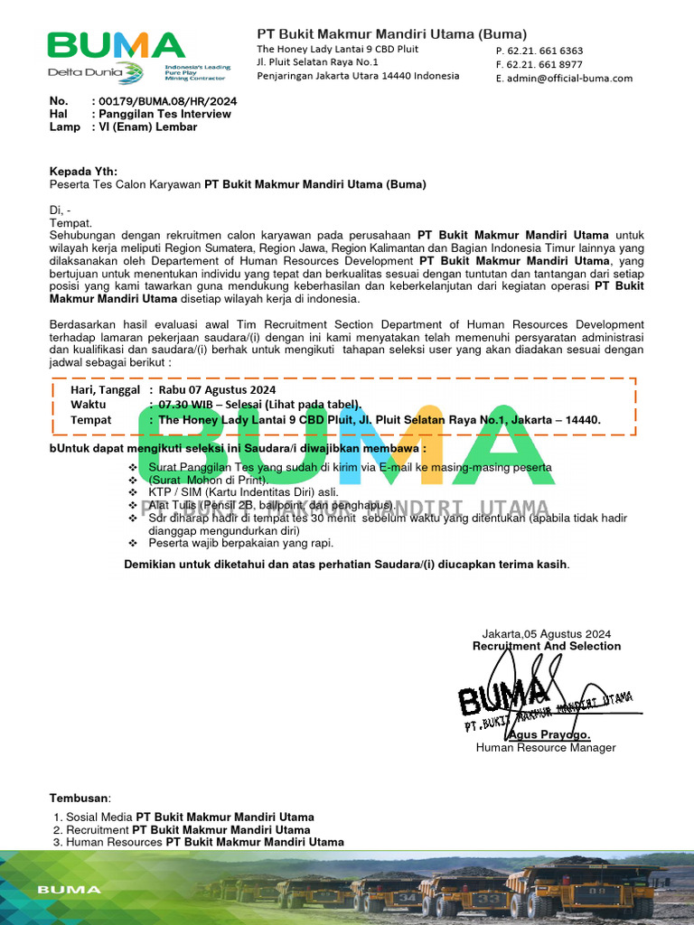 Surat Undangan Interview Calon Karyawan PT Bukit Makmur Mandiri Utama ...