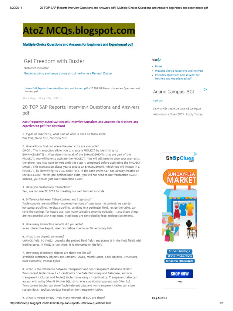 20 TOP SAP Reports Interview Questions and Answers PDF - Multiple Choice Questions and Answers ...