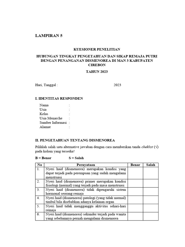 LAMPIRAN Kuesioner | PDF | Kesehatan Holistik