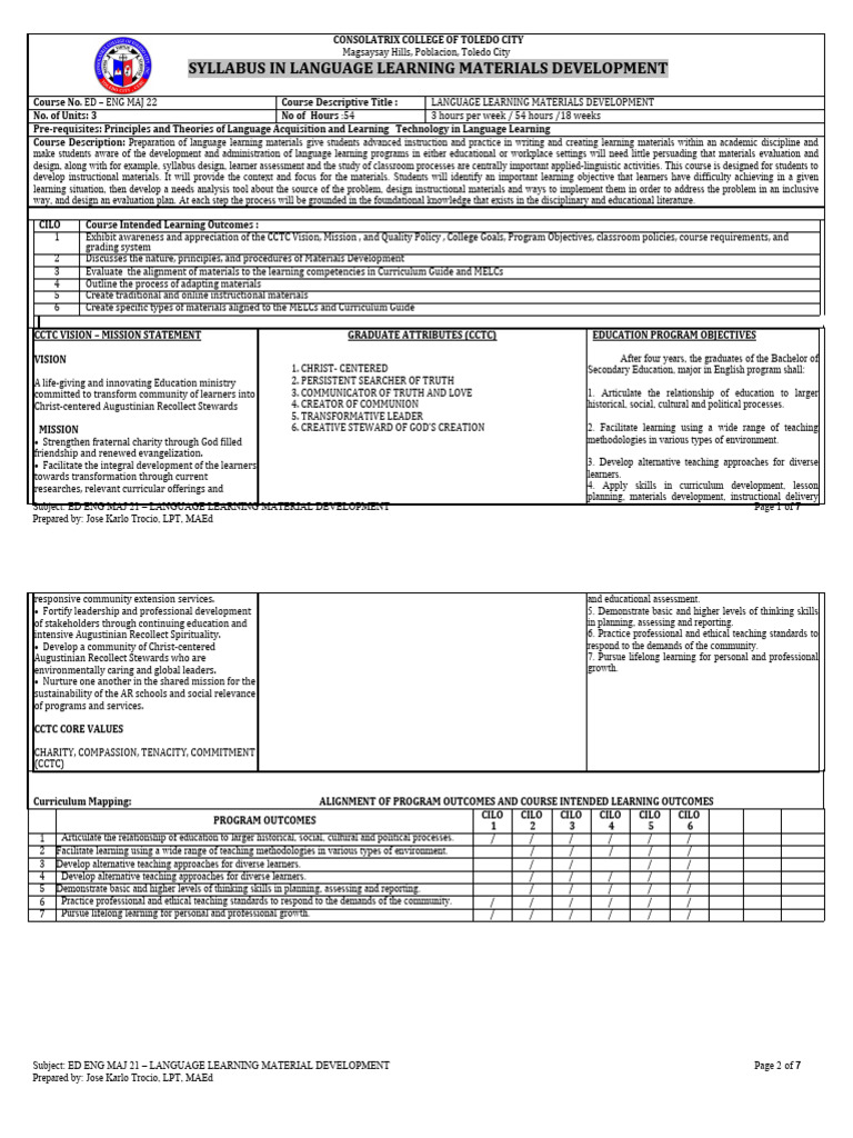 OBE Syllabus in Language Learning Materials Development | PDF ... OBE Syllabus in Language Learning Materials Development | PDF ...