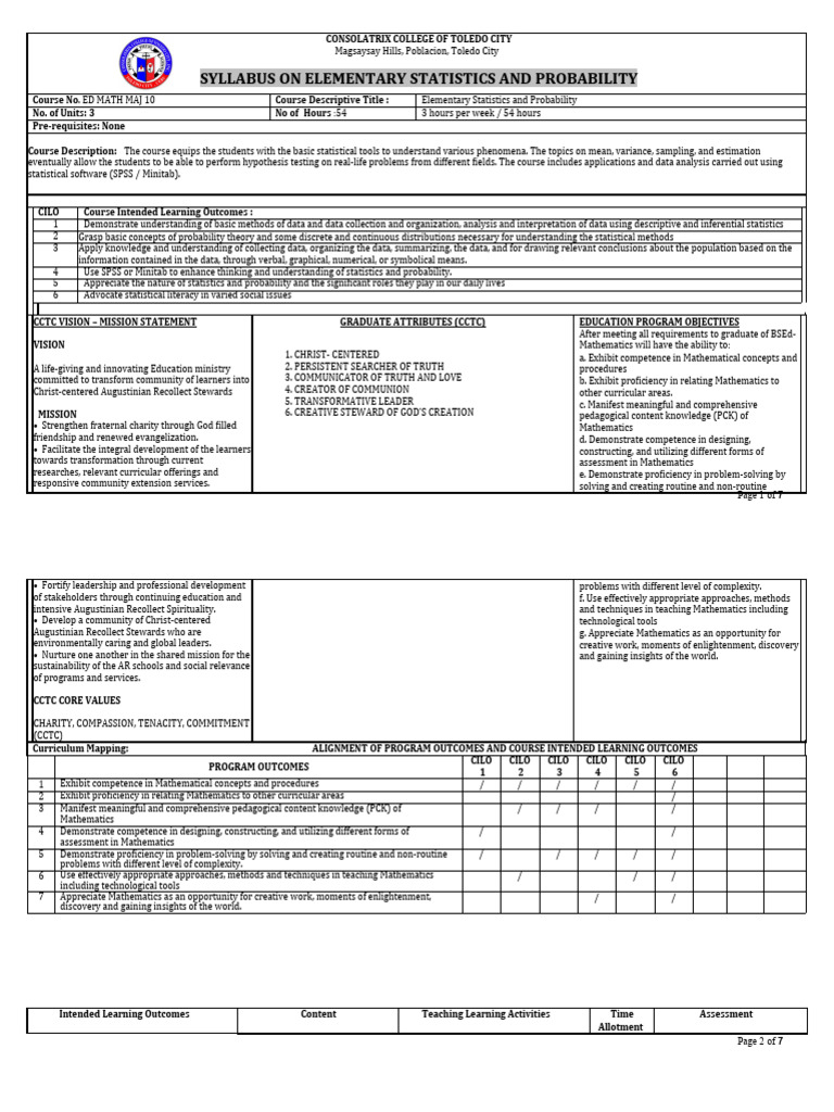 OBE Syllabus in Elementary Statistics and Probability | PDF ...