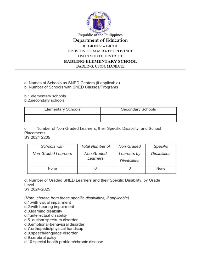 BADLING ES SNED Reports | PDF | Disability | Learning