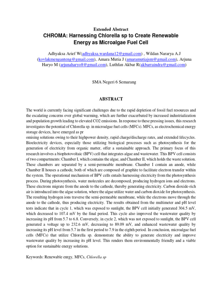 CHROMA (Harnessing Chlorella SP To Create Renewable Energy As Microalgae Fuel Cell) | PDF ...