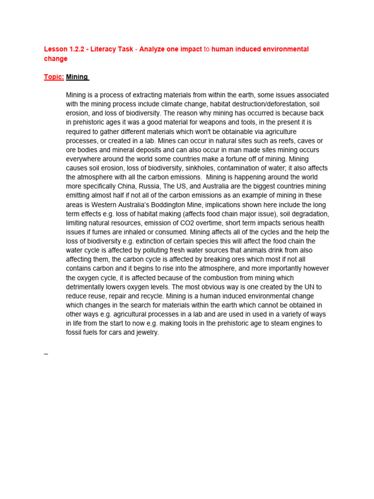Lesson 1.2.2 - Literacy Task - Analyze One Impact to Human Induced Environmental Change | PDF ...